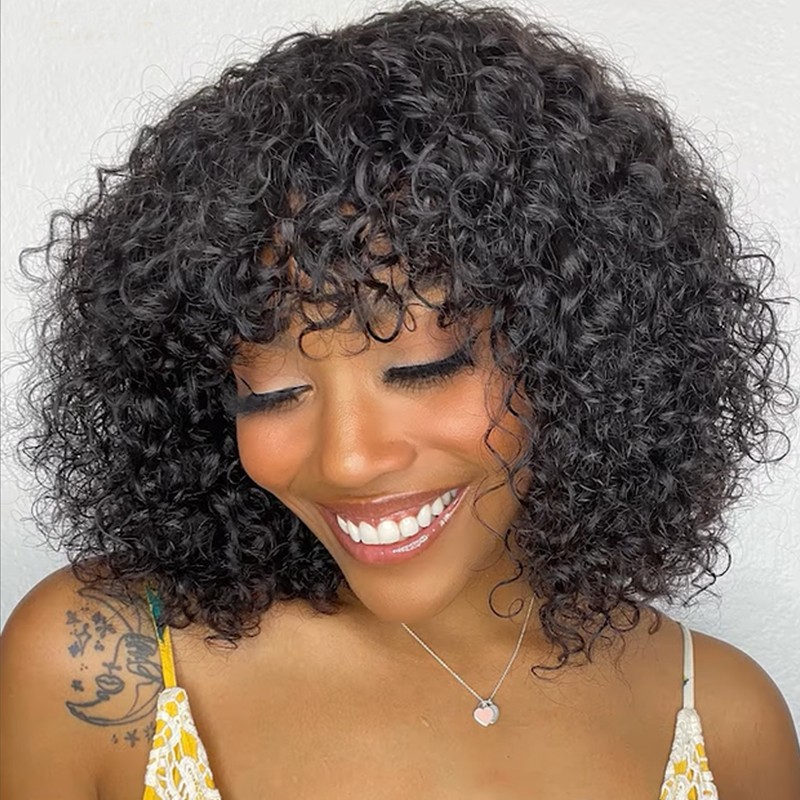 Bob Weave Wig With Bangs Short Water Wave Human Hair Fringe Wig Glueless